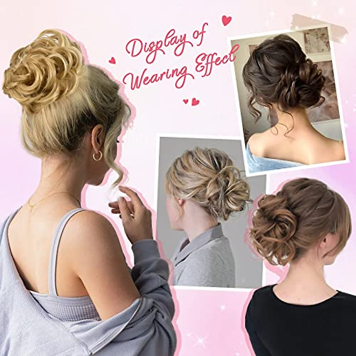 HOOJIH Messy Bun Hair Piece, 2PCS Tousled Updo Hair Extensions Hair Bun HCB001 Daisy Curly Wavy Ponytail Hairpieces Hair Scrunchies with Elastic Rubber Band for Women Girls - Silver Gray