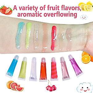 M&U Sparkle Lip Gloss Set with Handbag, 7Pcs Assorted Flavors Hydrating Lip Balm Party Favor Make-up for Kids and Teens Ages 5+