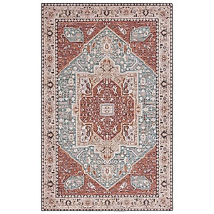 SAFAVIEH Tucson Collection Machine Washable Slip Resistant 8' x 10' Aqua / Rust TSN150J Traditional Vintage Persian Medallion Living Room Dining Bedroom Area Rug
