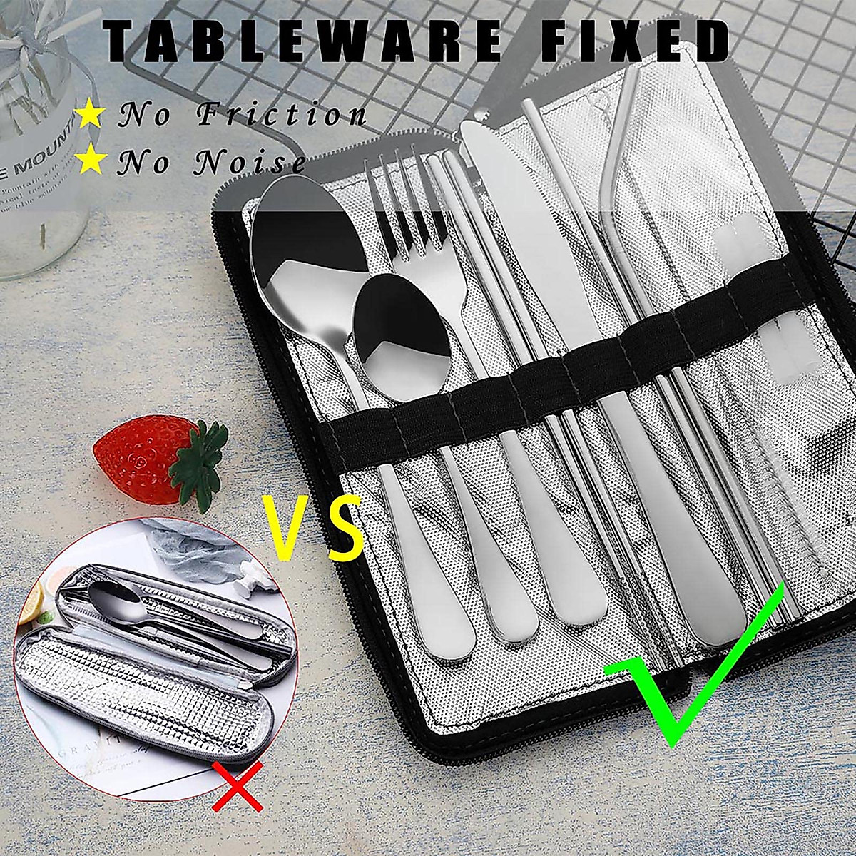 VANDBAO Portable Travel Utensils, Reusable Silverware with Case for Fixing Tableware, 9 Pieces Stainless Steel Stable Flatware Set, Camping Picnic Cutlery Set (Silver Set)