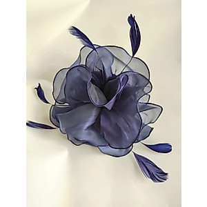 Women Organza Fascinator Hat Flower Feather Fascinators Tea Party Hat Headwear Fascinator Headband for Wedding Evening Church Navy