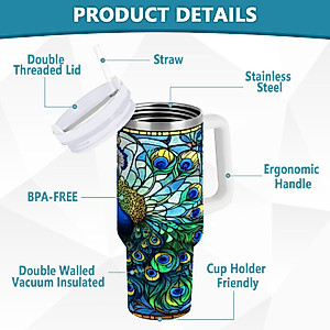 RPLIFE Peacock Stained Glass 40 Oz Tumbler with Handle, Stainless Steel Tumbler with Straw, Coffee Tumbler for Women