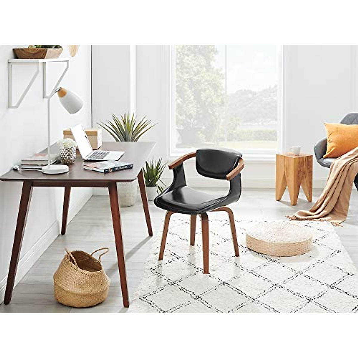 Art Leon Desk Chair No Wheels, Mid Century Modern Swivel Accent Chair, Faux Leather Home Office Desk Chair for Small Spaces Living Room Bedroom, Black