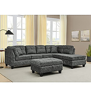 Evedy Modern Sectional, Living Room Furniture Sets,L-Shaped Storage Ottoman,Couch with Nail-Head Trim,3-Seaters Sofa with Extra Wide Reversible Chaise and 2 Small Pillows, Grey Fabric