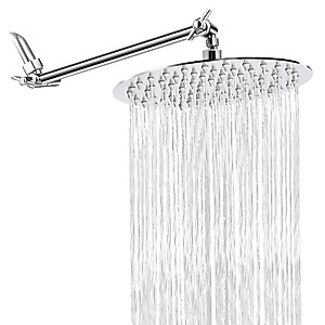 Rain Shower Head with 11'' Adjustable Arm, NearMoon High Pressure Stainless Steel Rainfall Showerhead, Ultra-Thin Design - Pressure Boosting (8-Inch Shower Head with Arm, Chrome)