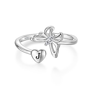 STARCHENIE Butterfly Initial Ring for Women 925 Sterling Silver Letter J Alphabet Adjustable Ring Size 7