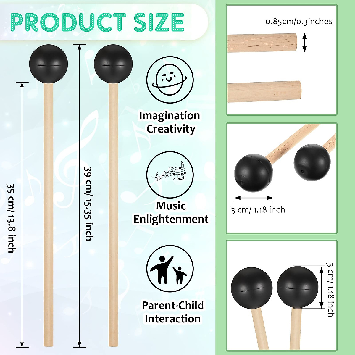 Boao 6 Pcs Rubber Mallet Percussion Xylophone Bell Mallets Glockenspiel Sticks Drum Stick Mallet with Wood Handle Rubber Mallet Percussion Instrument Kit for Gong Woodblock Drum Bells (Black)