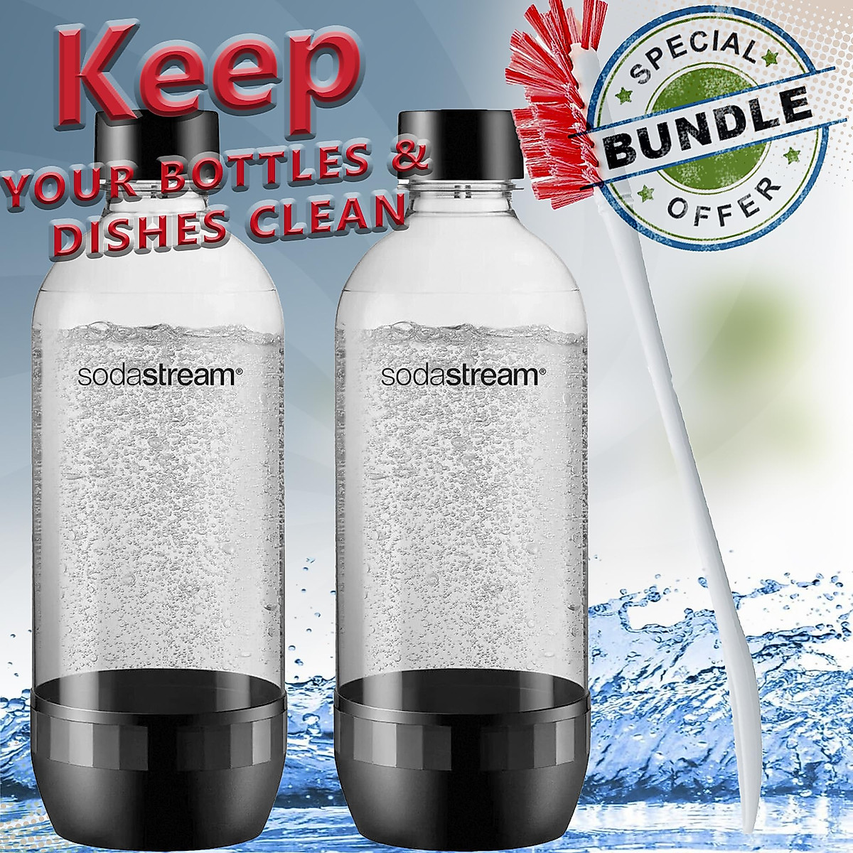 2 Pack Water Carbonating Sodastream Bottles Bundle with Deliqo 14 inch Bottle Cleaning Brush Original Soda Stream Reusable Sparkling Extra 1L 1 Liter