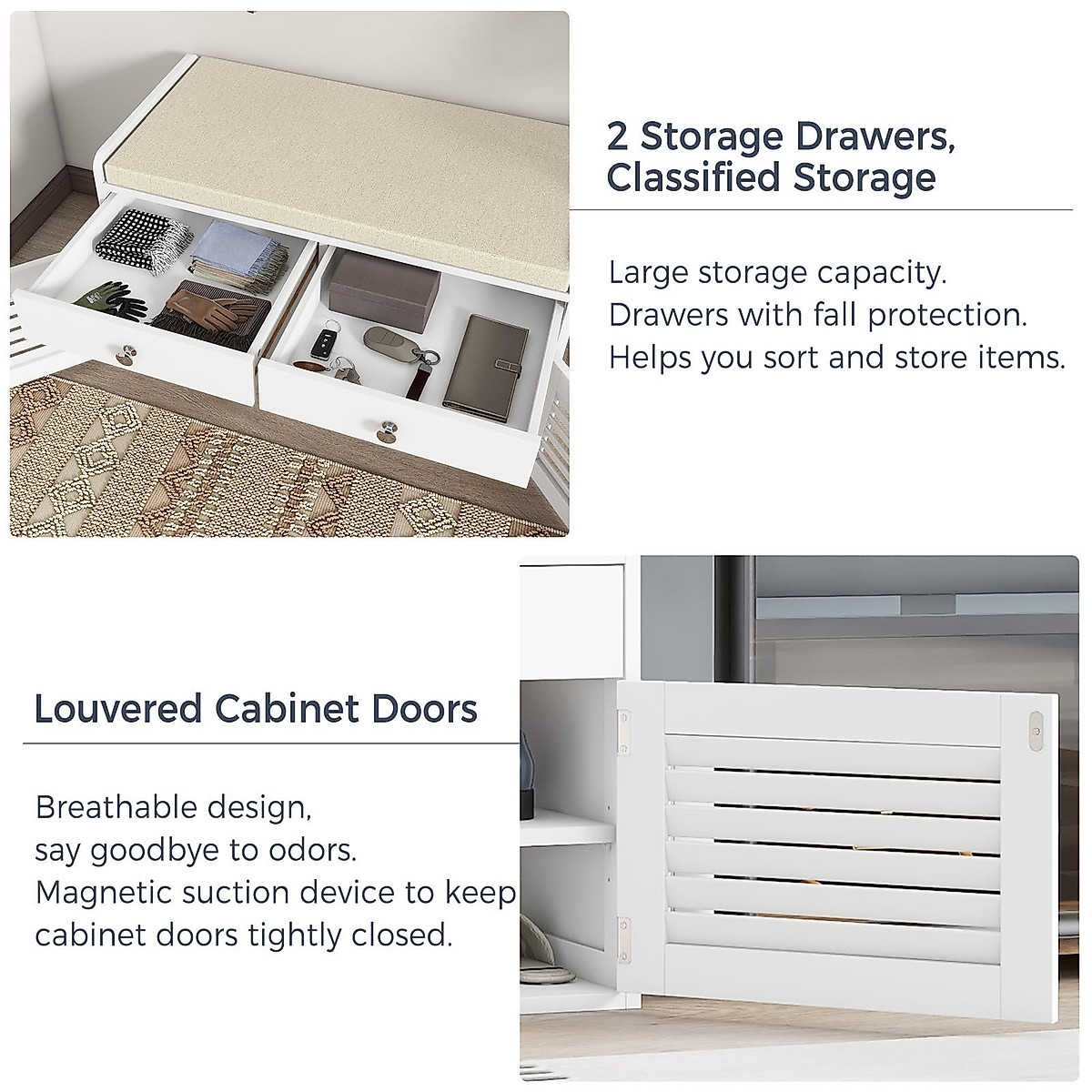 WARMHONIU Shoe Storage Bench with 2 Drawers & 2 Door Cabinet, Entryway Bench with Shoe Storage, Shoe Bench with Cushion, Adjustable Shelves, Shoe Rack Bench for Entryway, Hallway, Bedroom, White