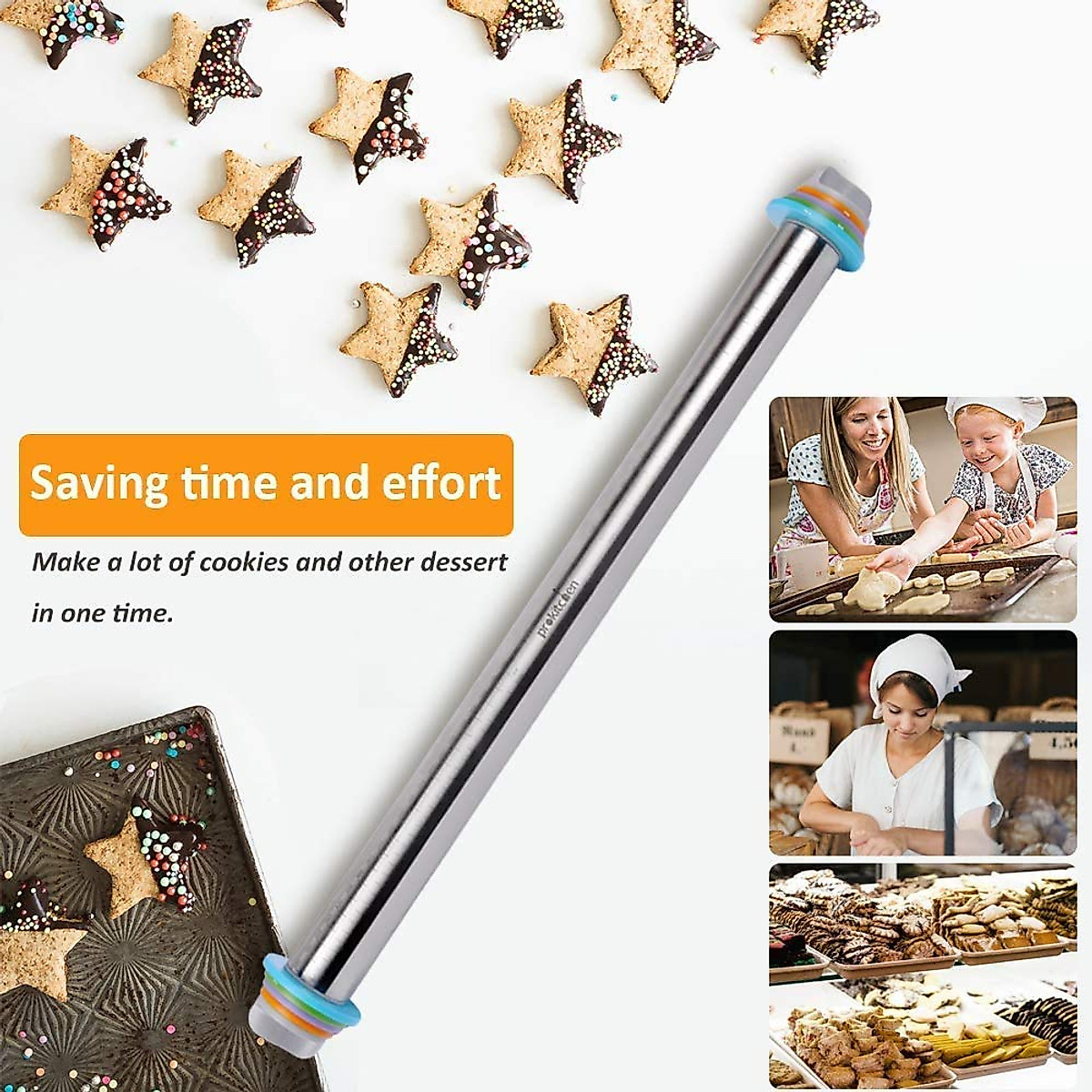 Prokitchen 23.6 Inch Rolling Pin with Thickness Rings-Adjustable Stainless Steel Roller Guides Spacers Baking Tools for Dough Pizza Pie and Cookies