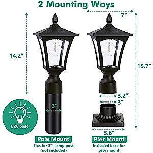 Outdoor Solar Post Light Fixture with 3" Pier Mount Base, Dusk to Dawn Outdoor Solar Lamps for Garden Post Pole Mount, Landscape Yard Pathway Deck Garden Yard Pole Pillar, Waterproof Decorative lamp