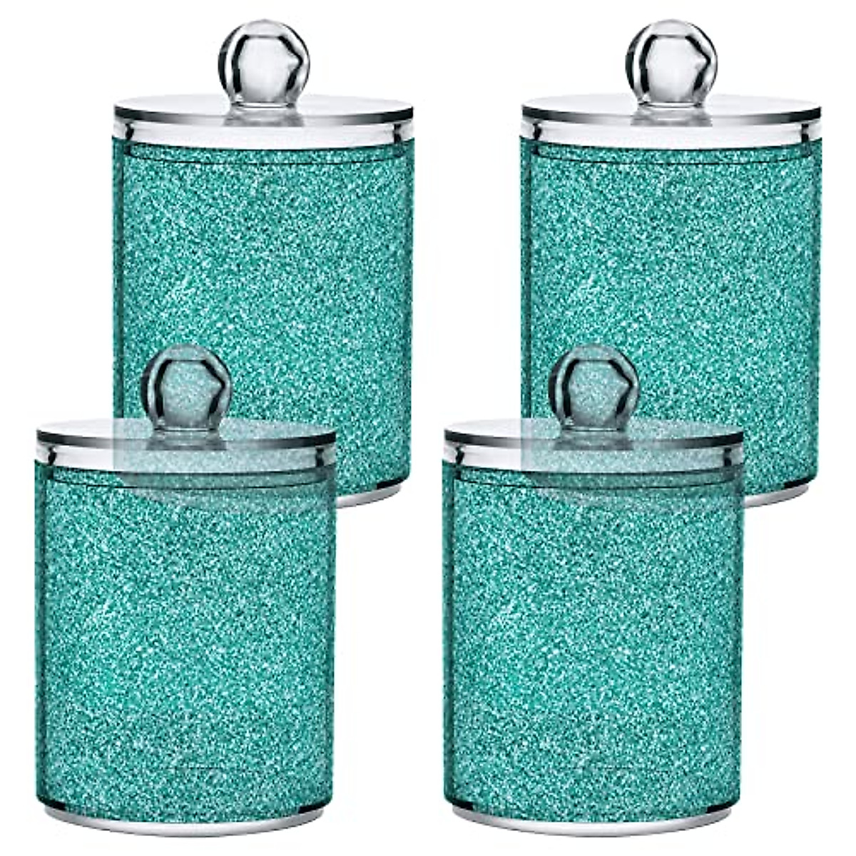 MCHIVER Teal Green Turquoise Glitter Bathroom Canisters Organizer 2 Pack Clear Plastic Jars with Lids 10 Oz Makeup Organizer for Cotton Ball Swab Round Pads Floss