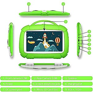 Padgene Kids Tablet 7 Inch,Android 9.0 Parental Control Kids Mode Pre-Installed WiFi Tablet Learning Games Camera IPS HD Display 1 GB+16GB with Kid-Proof Case (7 Inch, Green)