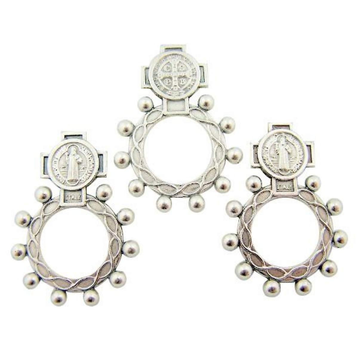 Religious Gifts Silver Toned Base Saint Benedict Medal One Decade Rosary Ring, One Size, Lot of 3