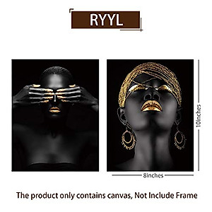 Ryyllh Minimalist Art Painting African American Wall Art Set of 4 Black Woman Fashion Gold Earrings Necklace For Girl Room Home Decor No Frame 8x10 inches 8 x 10 Inch