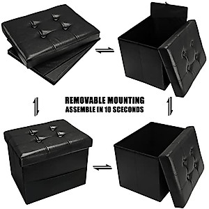 AmasSmile® Folding Storage Ottoman Foot Rest Stool with Side Pocket, 16 inch Leather Footstool Bench, Short Ottoman Bench, Storage Foot Rest Store, Books, Records Support 330 lbs,Black