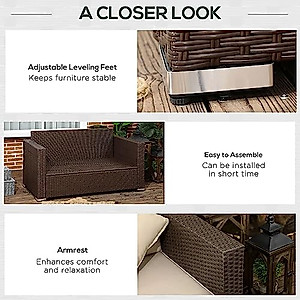 Hypeshops Outdoor Wicker Loveseat, Patio Furniture Couch with Cushions, 2 Seats PE Rattan Sofa, 2 Throw Pillows - Beige