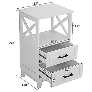 Nightstand with 2 Storage Drawers, Tall End Table with Wooden X-Design for Bedroom,Living Room White