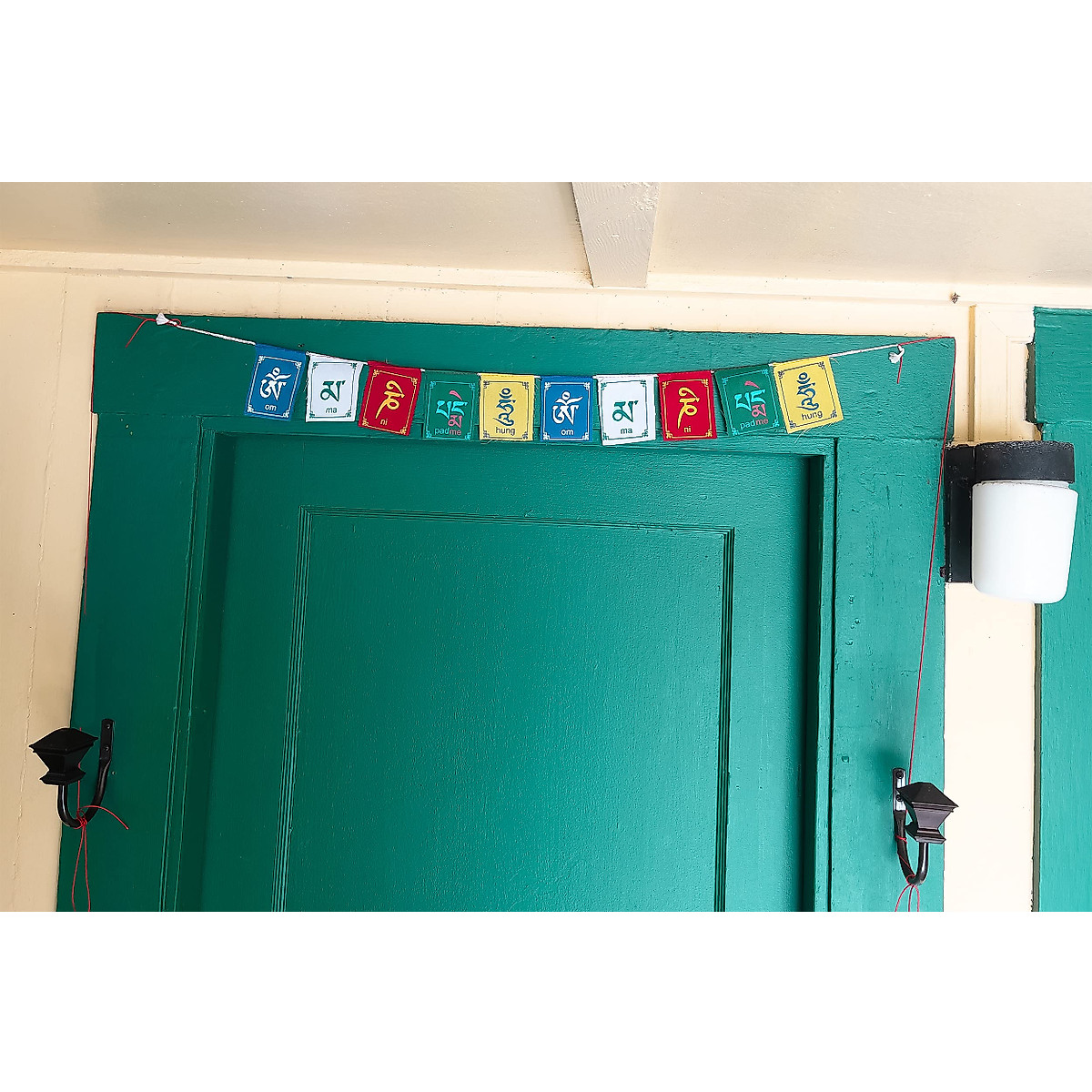 Buddha of Compassion Tibetan Prayer Flags Om Mani Padme Hum Set of 10 Five Tibetan Traditional Colors which are Yellow, Green, red, White and Blue. Each Color Represents an Element.