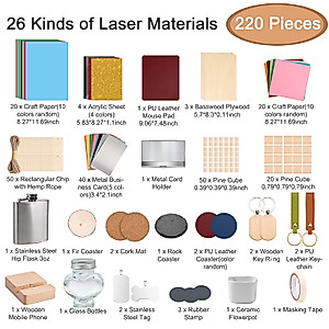 Csyidio 220PCS Engraving Material Box, DIY Materials Apply to All Laser Engravers with Instructions, Laser Engraving Supplies Including Acrylic Sheet, Metal Materials, Wood Materials