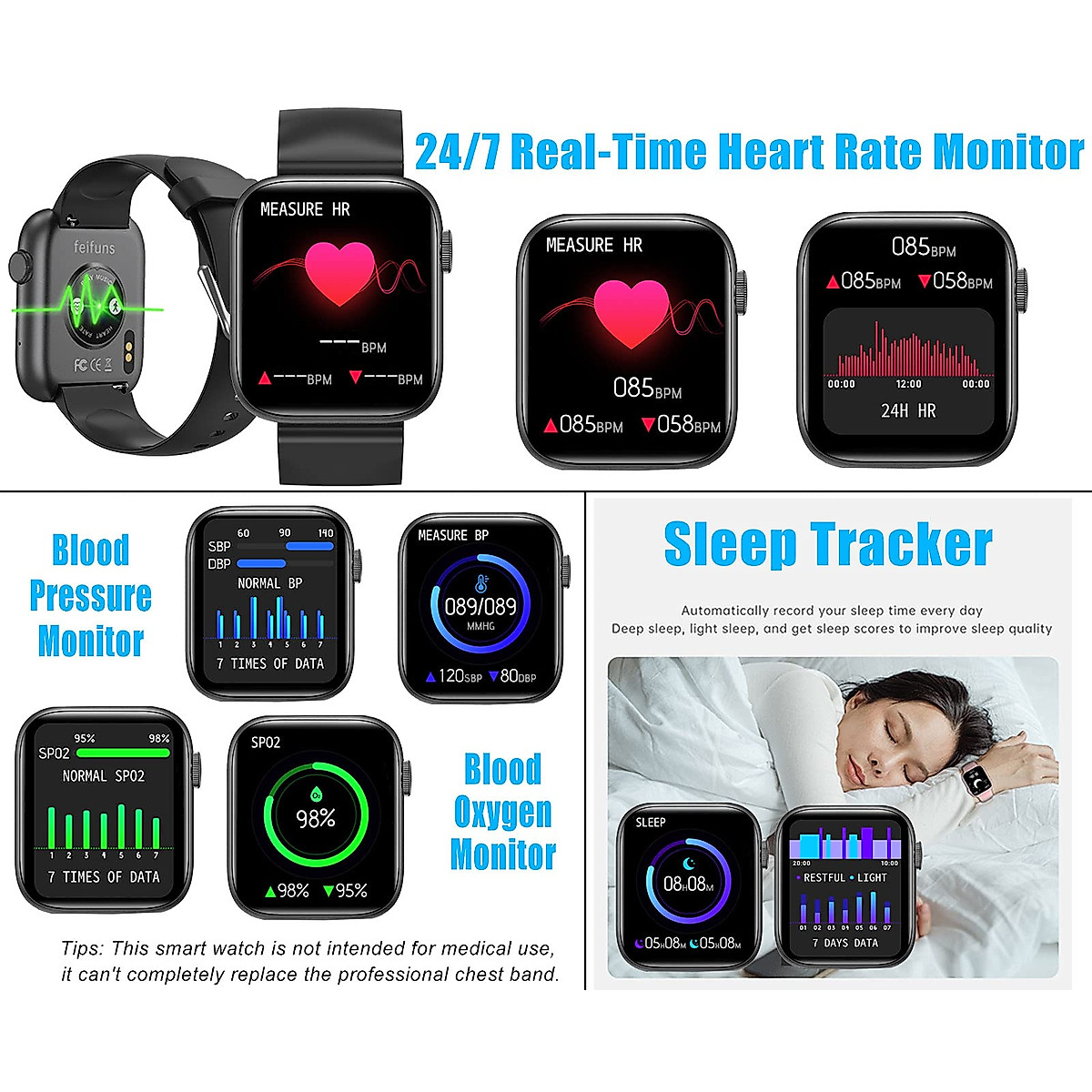 feifuns Smart Watch with Call(Answer Make Call) IP67 Waterproof Fitness Tracker Heart Rate Blood Pressure Oxygen SpO2 Sleep Step Calorie Count Smart Watches for Men Women for Android iOS Phone (White)