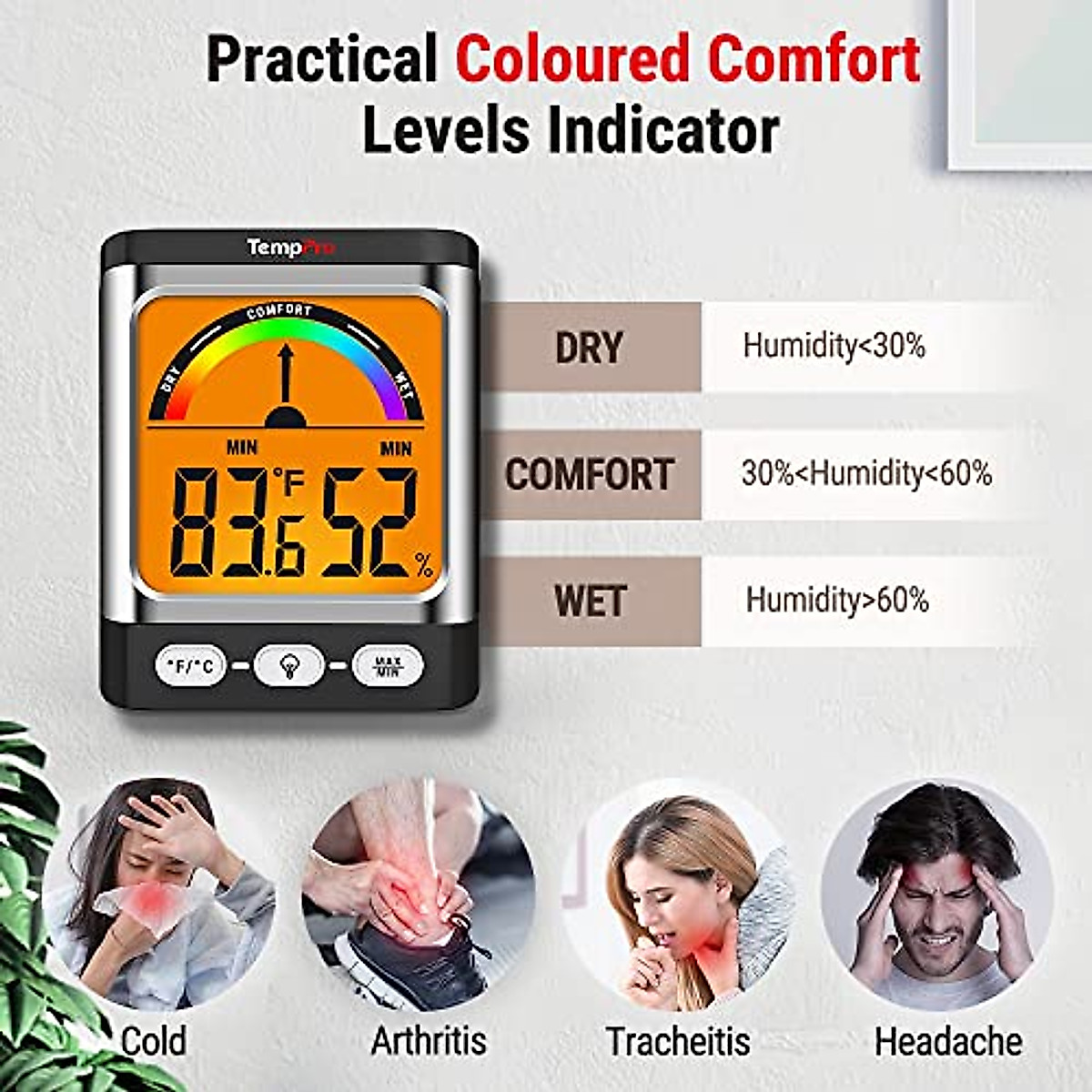 TempPro A52 Hygrometer Indoor Thermometer for Home with Comfort Level Indication Humidity Meter, Large Backlit Display Humidity Sensor with Max/Min Record for Greenhouse Basement Black