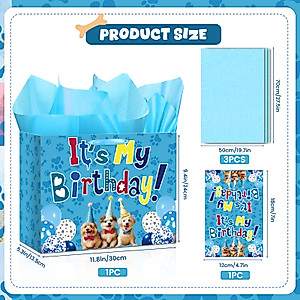 Dog Birthday Gift Bag for Dog Birthday Party Supplies, Large Dog Birthday Wrapping Bag with Tissue Paper and Greeting Card Dog Paw Print Gift Bags for Puppy Theme Party Dog Paw Birthday Decorations