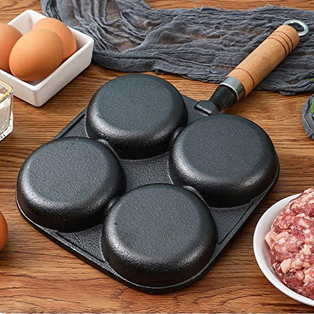 awrduol Uncoated 4 Cup Egg Frying Pan Thickened Egg Cooker Omelet Pan, Healthy Cast Iron Pancake Cooker for Breakfast, Gas Stove & Induction Compatible