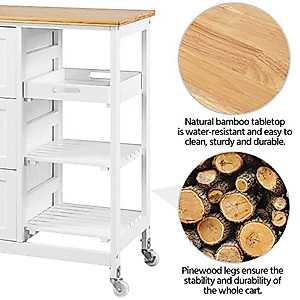 Yaheetech Kitchen Island Cart on Wheels with 3 Drawers and 3 Open Shelves, Rolling Kitchen Island Coffee Bar Trolley with Bamboo Countertop, Removable Tray & Lockable Casters for Dining Room, White