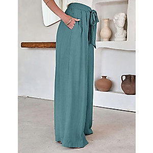 MUSIDORA Wide Leg Pants for Women High Waisted Drawstring Linen Travel Beach Pants Loose Flowy Slacks Trousers Stretchy Petite (Peacock Blue L)