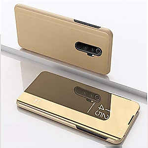 LEECOCO Redmi Note 8 Case Slim Luxury Clear View Window Electroplate Plating Mirror Flip Ultra Slim Thin Full Body Kickstand Bookstyle Protective Cover for Xiaomi Redmi Note 8 Mirror PU Gold