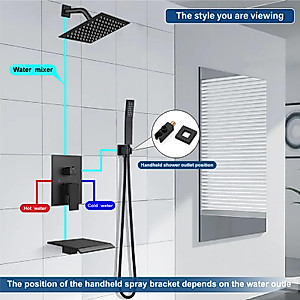 Midanya Rain Shower System Tub Shower Faucet Set Square Rainfall Shower Head with Handheld Sprayer and Waterfall Tub Spout Rough-in Valve Shower Mixer Combo,8 Inch Matte Black
