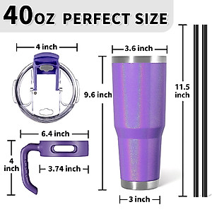 Zibtes 40oz Insulated Tumbler With Lid and Straws, Stainless Steel Double Vacuum Coffee Tumbler With Handle, lovely Travel Cup for Home, Office, Party (Glitter Purple 1 pack)