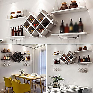 Wall Mounted Wine Rack, Modern Diamond-Shaped Set of 5 Wine Rack Wall Mounted Wooden Wine Holder Shelf Shelves and Glass Holder Rack Insert Display Rack Multifunctional Storage Shelf (White/Black)