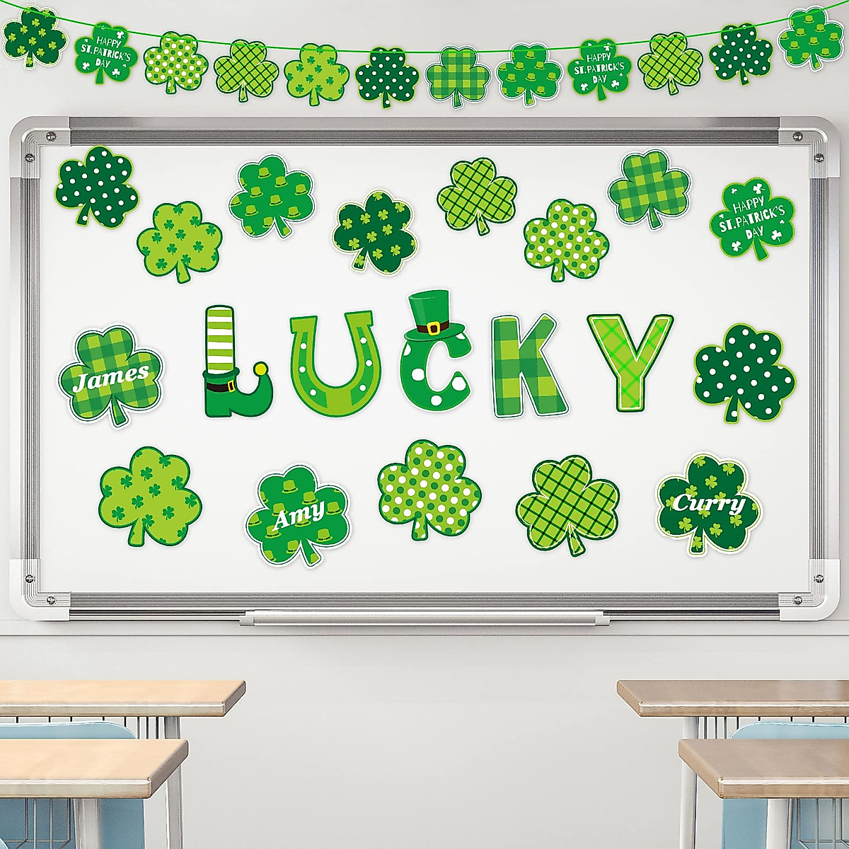 77Pcs St. Patrick's Day Shamrock Cutouts Decorations Green Lucky Irish Paper Clover Cut-Outs Includes Glue Points and Rope for Classroom Bulletin Board Game Party Supplies