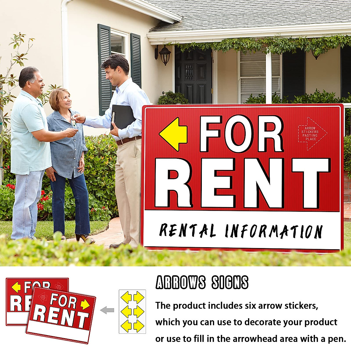 For Rent Sign with Tall Stakes, 17" x 13", For Rent Sign with Arrow Stickers, Double-Sided Yard Signs, For Rent Signs with Metal Stakes, WEATHER-PROOF, (2 Pack)