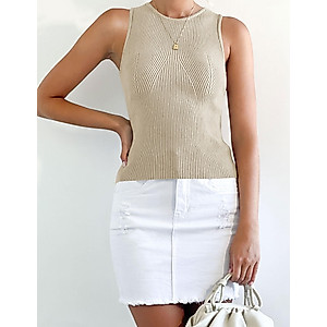 ZESICA Womens Ribbed Tank Tops 2024 Summer Sleeveless High Neck Casual Slim Fitted Basic Knit Shirts,Sand,Small