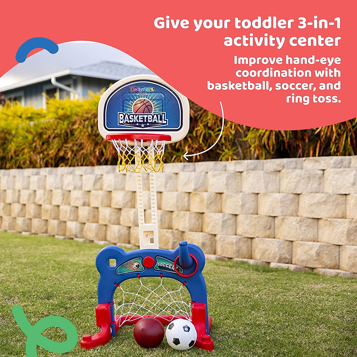 Dazmers 3-in-1 Kids Sports Playset - Basketball Hoop, Soccer Goal, and Ring Toss Game - Ideal Indoor and Outdoor Fun for Energetic Kids - Promotes Physical Activity for Toddlers - 18.5 x 6 x 21.75