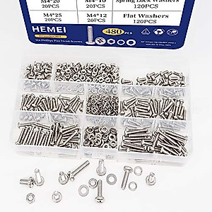 HEMEI 480Pcs M3 Phillips Pan Head Bolt Screws,Phillips Drive,Full Thread 304 Stainless Steel Precise Metric Machine Screws Assortment Kit with Nuts Flat Washers Lock Washers and Storage Case