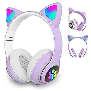 YQ77 Wireless Kids Headphones, Cute Cat Ear LED Light Up Foldable Over-Ear Bluetooth Headphones with Microphone for iPad/Smartphones/PC/Kindle/Tablet/Laptop, Best Gifts for Kids Teens Adults (Purple)