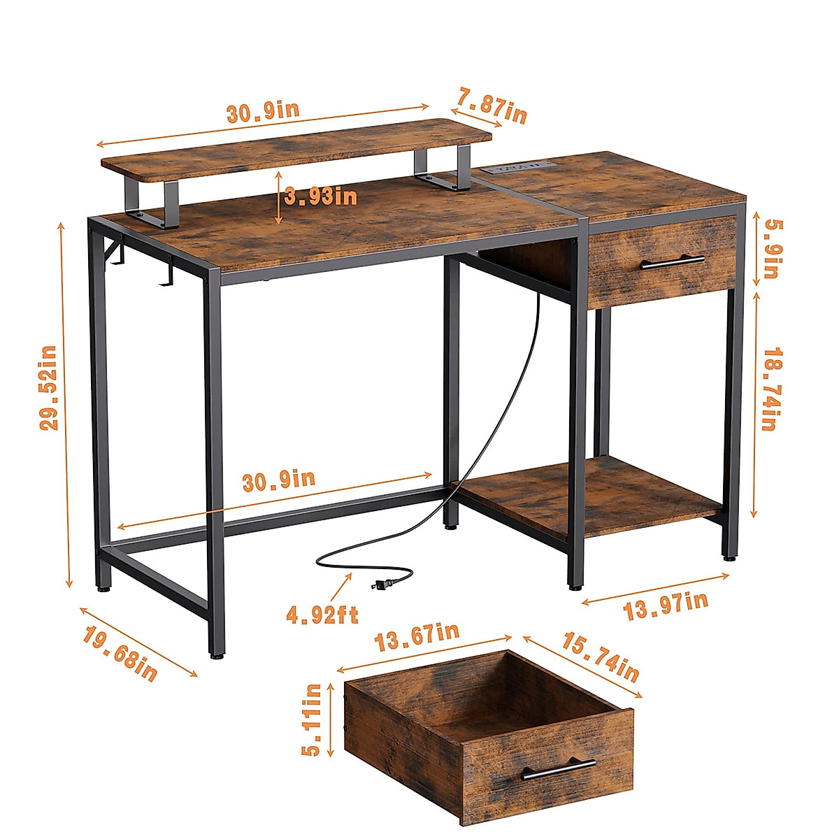 Computer Desk with Wooden Drawers - 47 inch Gaming Desk with Led Lights & Outlets, Home office Desk with Monitor Stand & Headphone Hook, Rustic