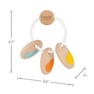 Classic World Wooden Rattle Teether Teething Toy Natural Teether, Rattle Key with Silicone, Wood Teether