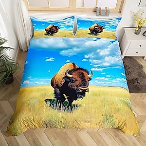 Feelyou Cute Buffalo Bedding Set Wild American Bison Duvet Cover King Size Bedroom Decor Ranch North American 3D Wild Animal Comforter Cover Set Blue Bedspread Cover with 2 Pillow Case(No Comforter)
