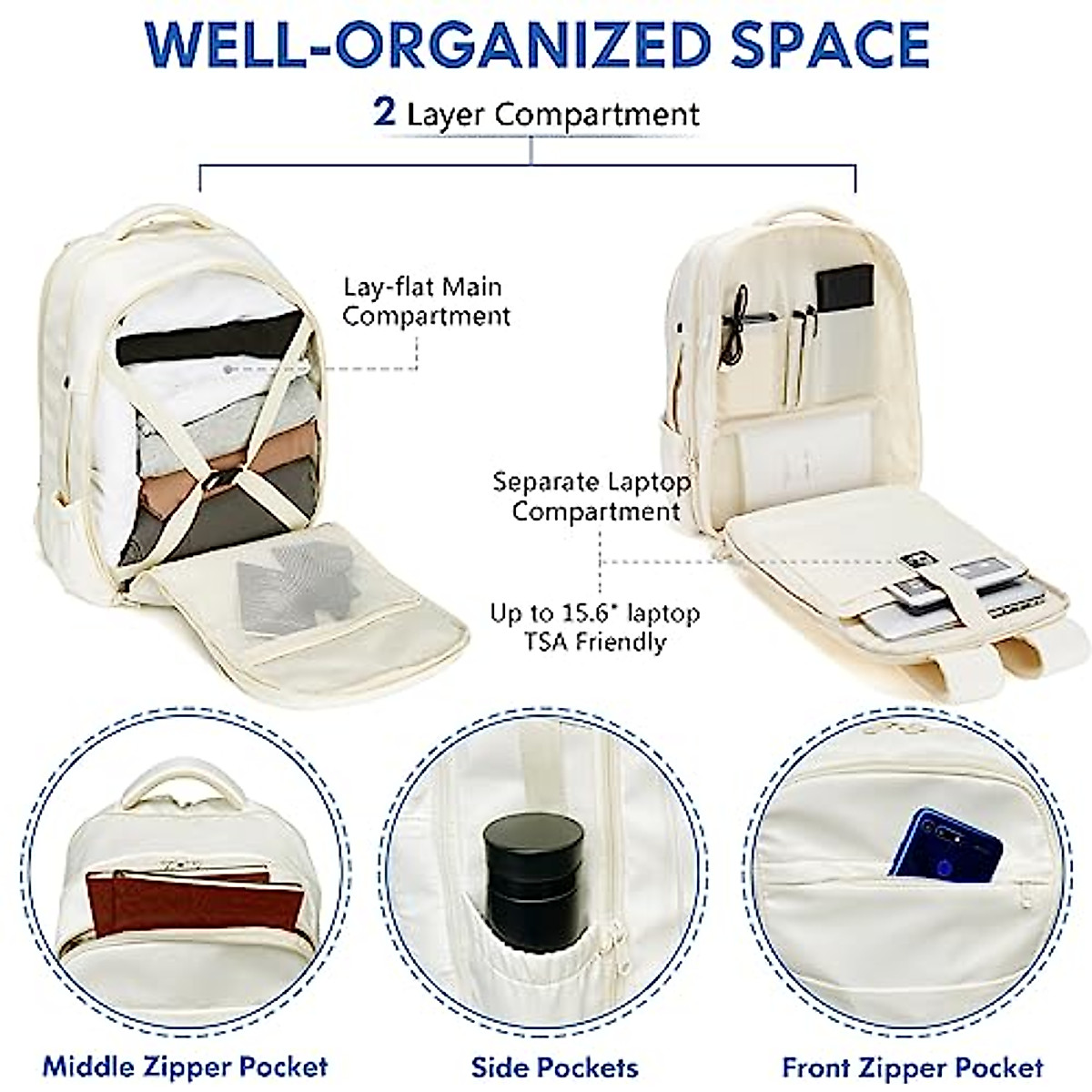 Carry on Backpack for Women, 35L Flight Approved Travel Backpack, Expandable Personal Item Backpack, Water Resistant Lightweight Business College Laptop Daypack Weekender Carry on Bag, Beige