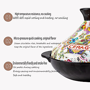 Handmade Clay Stoneware Tajine Flower Pattern Moroccan Tagine Pot Enameled Cast Iron Casserole Non Stick Saucepan Exotic Stew Pot with Lid for Cooking and Stew Casserole Slow Cooker