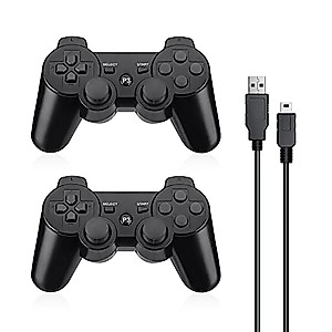 Powerextra Wireless Controller Compatible with PS-3, 2 Pack High Performance Gaming Controller with Upgraded Joystick for Play-Station 3 (Black)