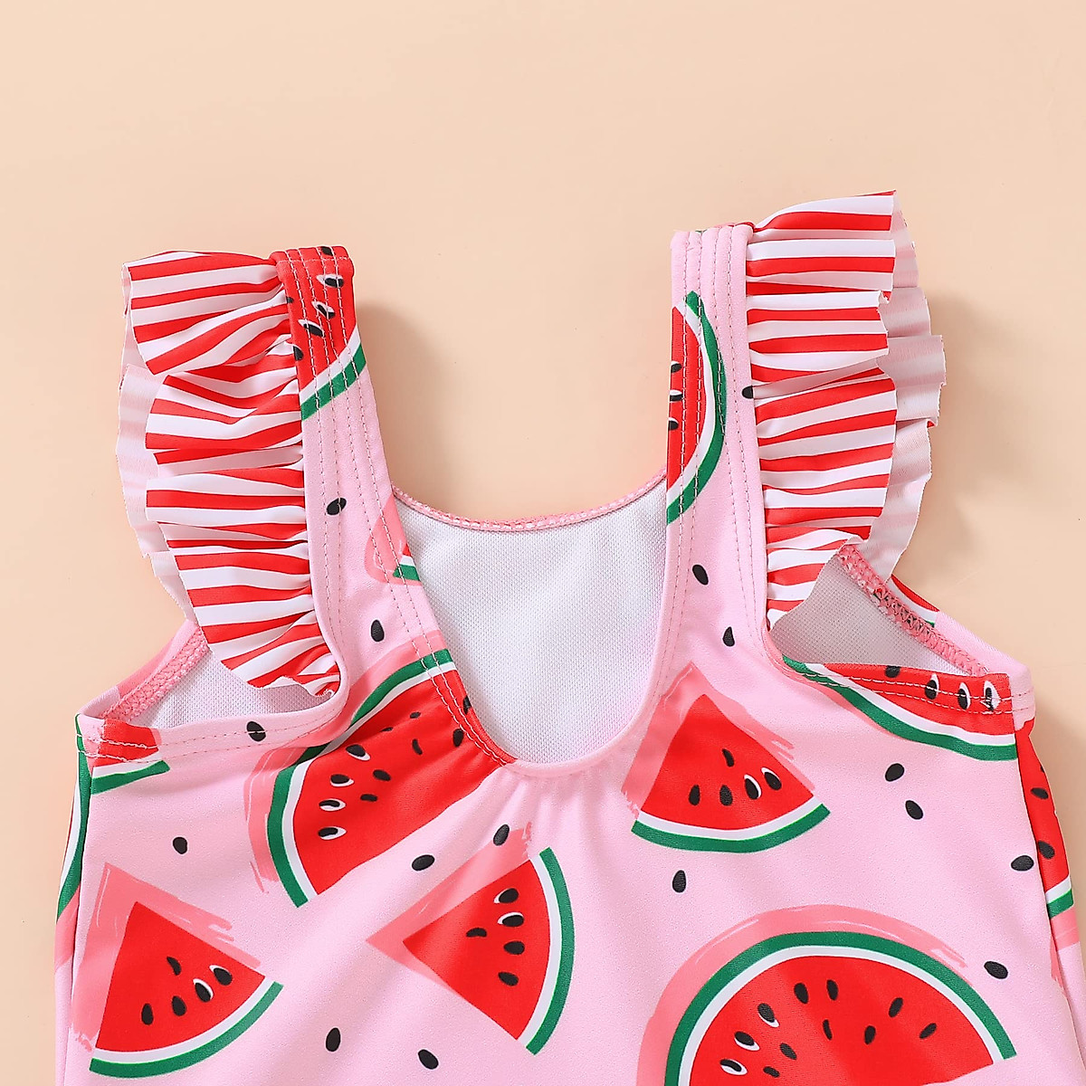 Tiny Cutey Toddler Girl Swimsuit Ruffled Stripe Sleeveless Swimwear One-Piece Baby Girl Bathing Suits (Pink-Watermelon, 12-18 Months)