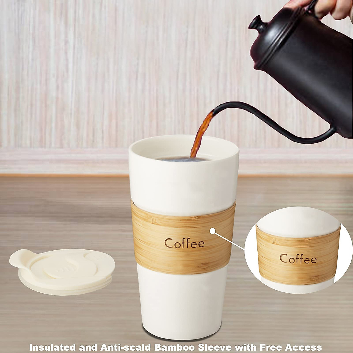 Kopmath Ceramic Travel Coffee Mug, 16 oz Travel Mug with Lid, Splash Proof, Anti-Scald Sleeve, Microwave Dishwasher Safe, Portable To Go Tumbler, Large Coffee Cup for Car Cup Holder, Gift