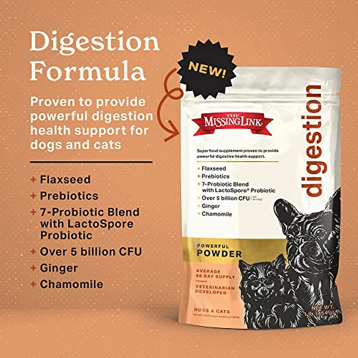 The Missing Link Digestion Superfood Supplement Powder for Dogs & Cats - Fiber, 7-Probiotic Blend + Chicory Root Prebiotic, Ginger, Chamomile - Supports Daily Digestive & Bowel Health - 1lb