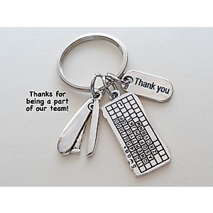 Computer Keyboard Charm Keychain with Stapler Charm & Thank You Charm; Secretary, Receptionist, Office Staff, or Employee Keychain